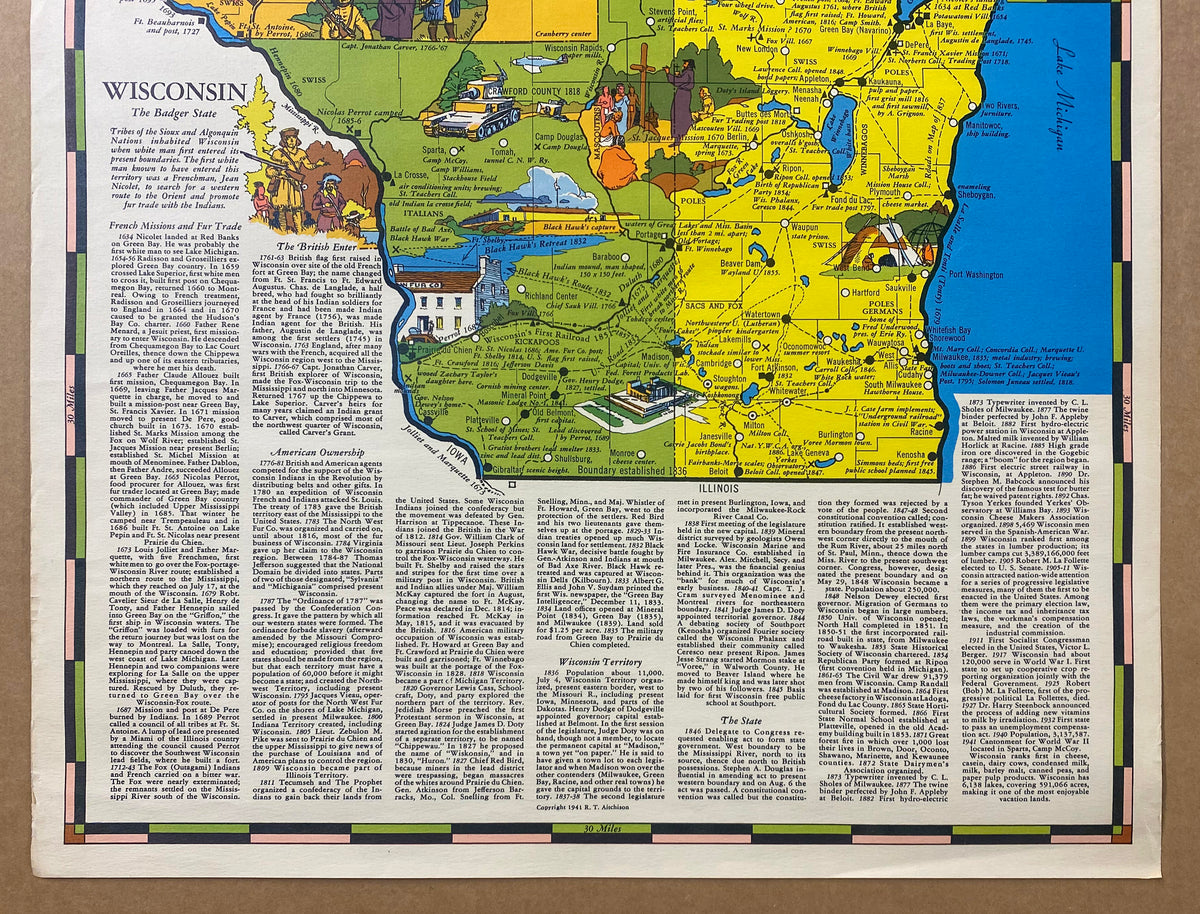1941 Wisconsin The Badger State Pictorial Map Poster Mentholatum Co ...