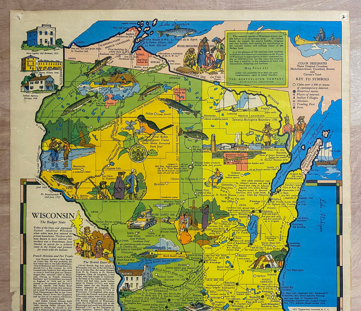 1941 Wisconsin The Badger State Pictorial Map Poster Mentholatum Co ...