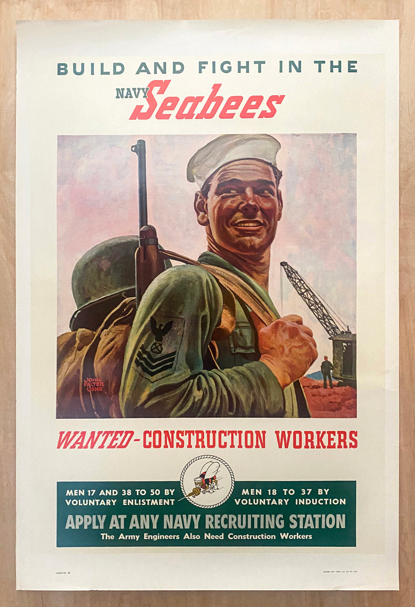1943 Construction Workers Wanted Build Fight Navy Seabees Poster WWII ...