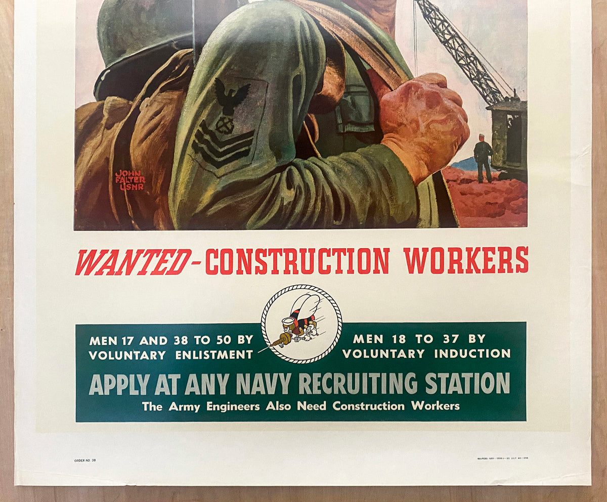 1943 Construction Workers Wanted Build Fight Navy Seabees Poster WWII ...