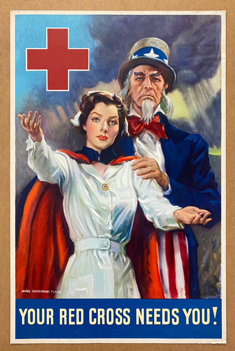 1942 Your Red Cross Needs You! Poster James Montgomery Flagg Uncle Sam ...