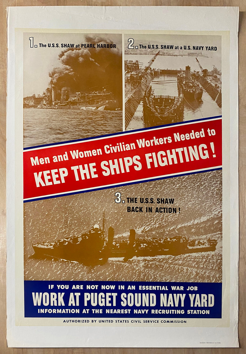 1943 Keep The Ships Fighting Puget Sound Navy Yard USS Shaw Poster WW2 ...
