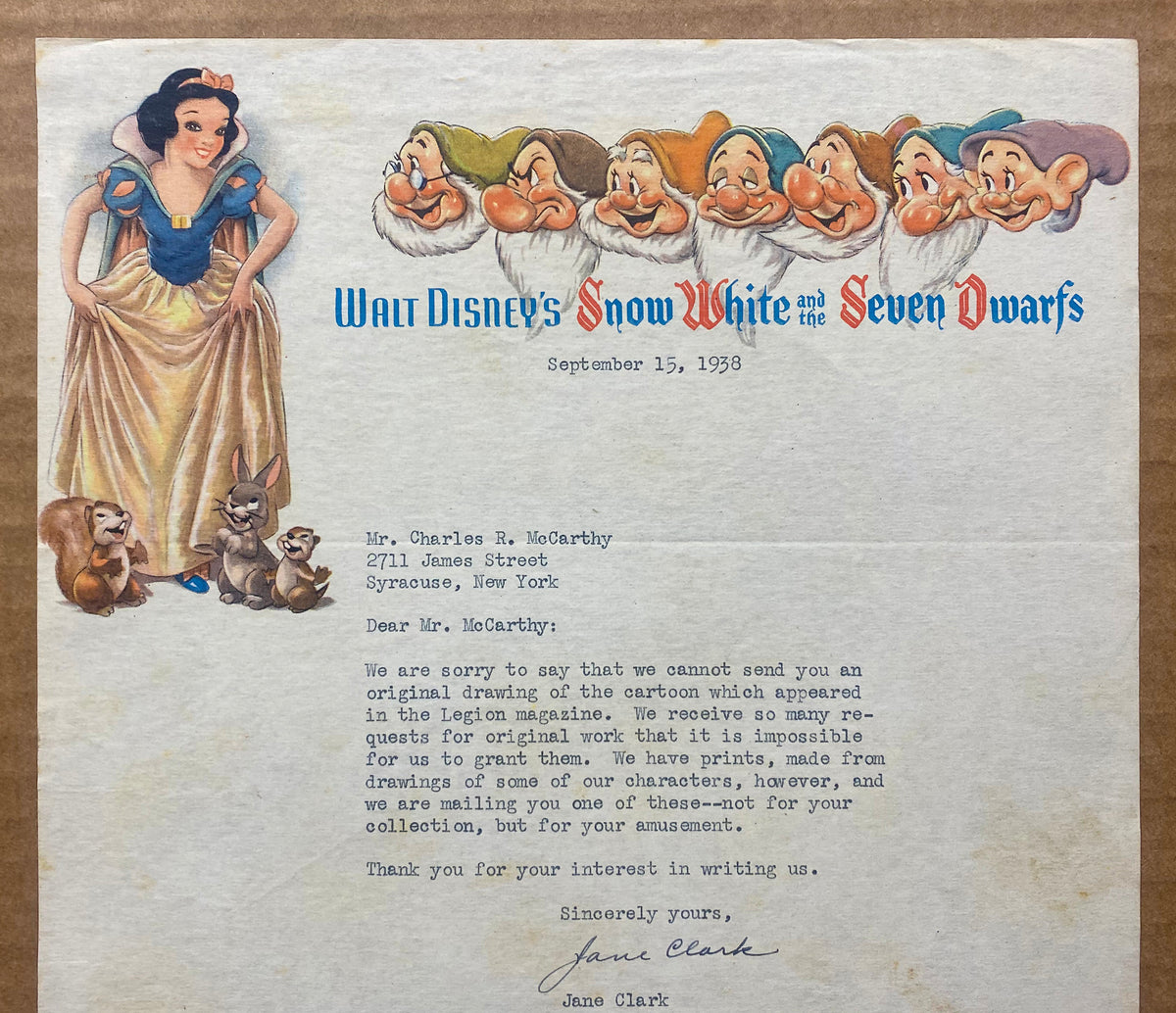 1938 Snow White and Seven Dwarfs Illustrated Letterhead Walt Disney Pr ...