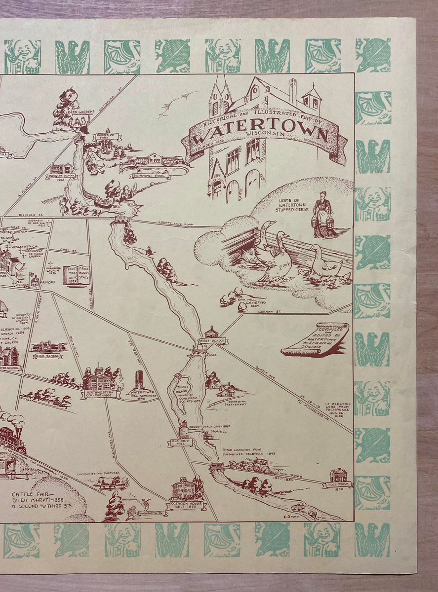 c.1948 Historical and Illustrated Pictorial Map of Watertown Wisconsin ...