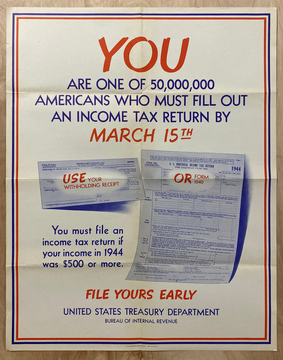 1944 United States Treasury Bureau Internal Revenue Tax Return Poster ...