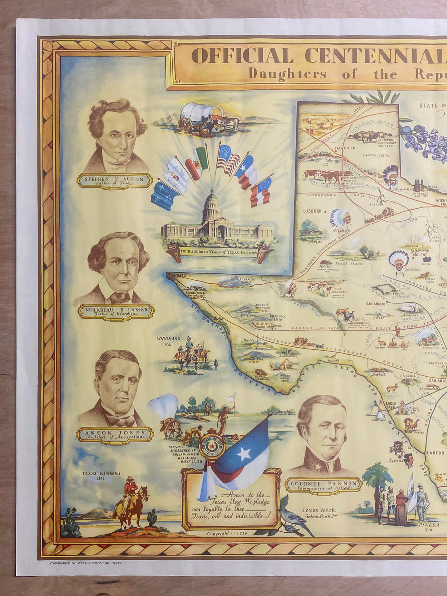1934 Official Centennial Map of Texas by Guy F. Cahoon Original ...