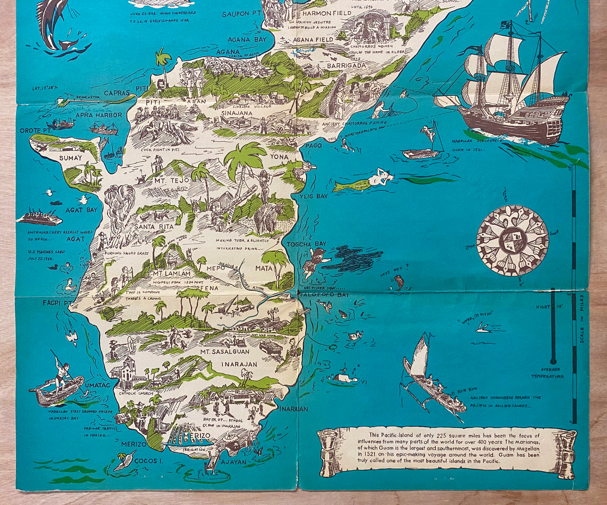 c.1950s Guam Marianas Islands Pictorial Map Pacific Vintage Original ...