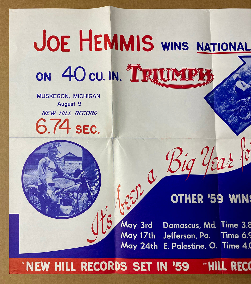 1959 Joe Hemmis Wins National Hill Climb Triumph Motorcycle Poster VG ...