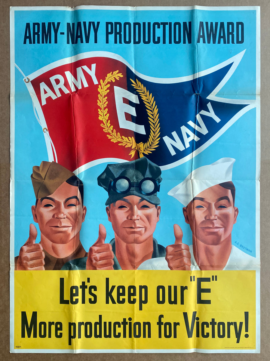 c.1943 Army Navy Production Award Lets Keep Our E Poster Brotman WWII ...