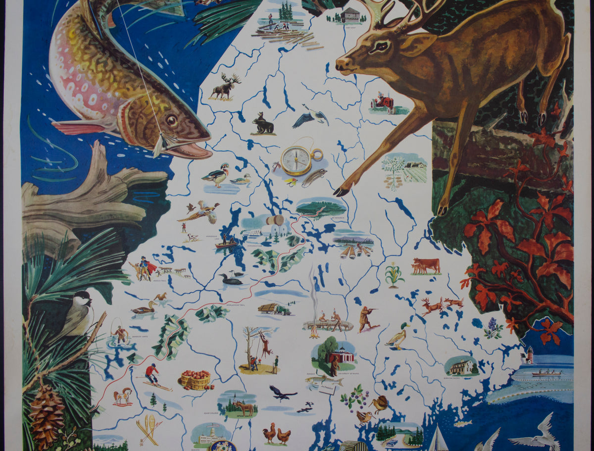 1955 Maine Pictorial Cartoon Map Poster Simonds Payson Company Vintage ...