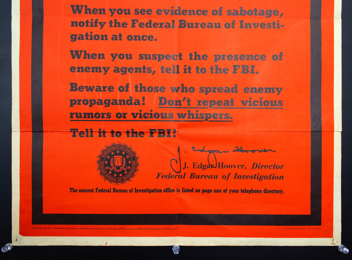 1943 Warning From The FBI Spies Saboteurs Enemy Agents Poster Hoover ...