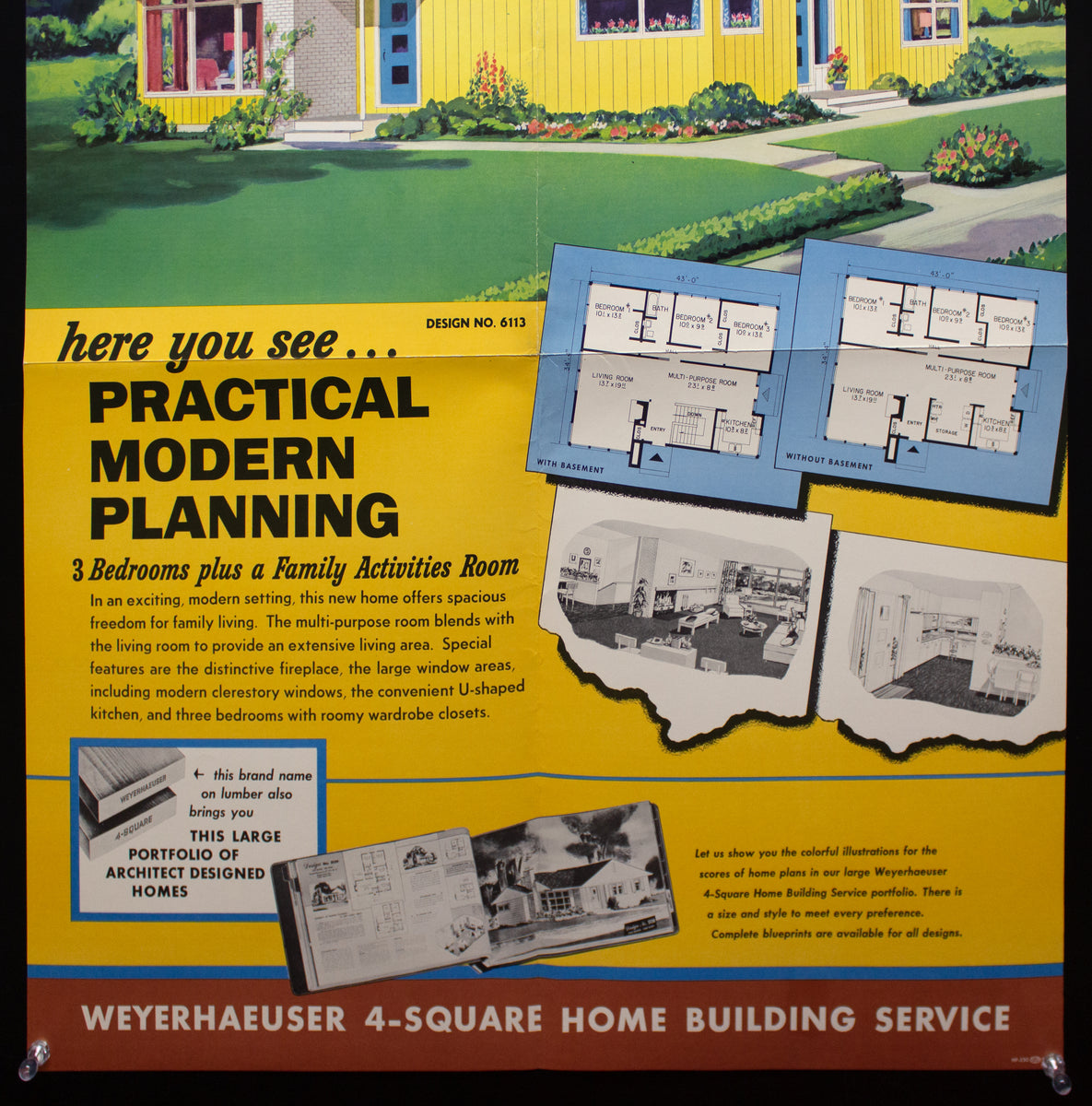 1954 Weyerhaeuser 4-Square Home Plan Service Poster No. 6113 Atomic Ag ...