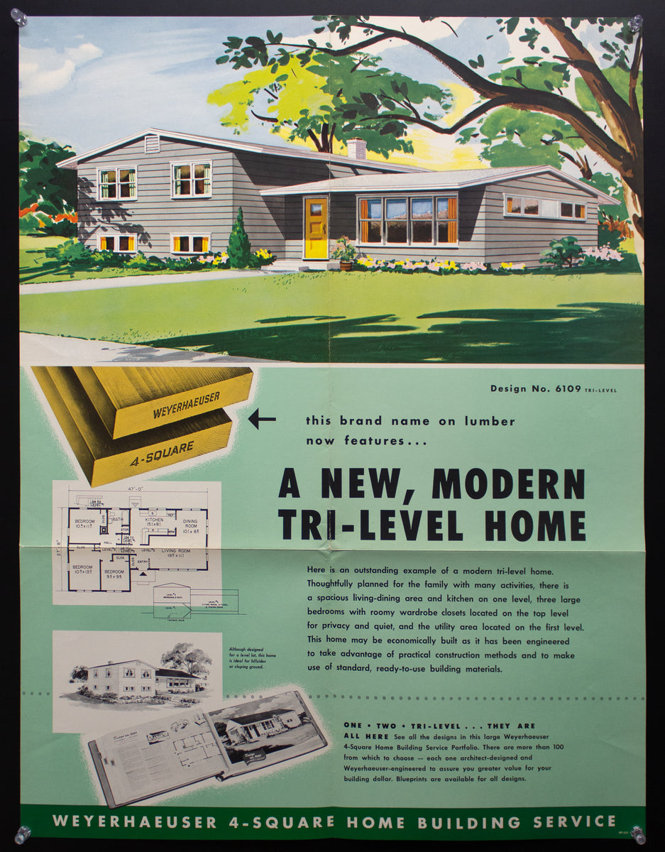 1954 Weyerhaeuser 4-Square Home Plan Service Poster No. 6109 Atomic Ag ...