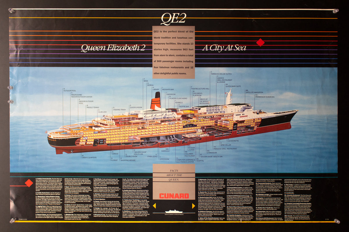 c.1978 Cunard Queen Elizabeth II QEII A City At Sea Poster Cutaway ...