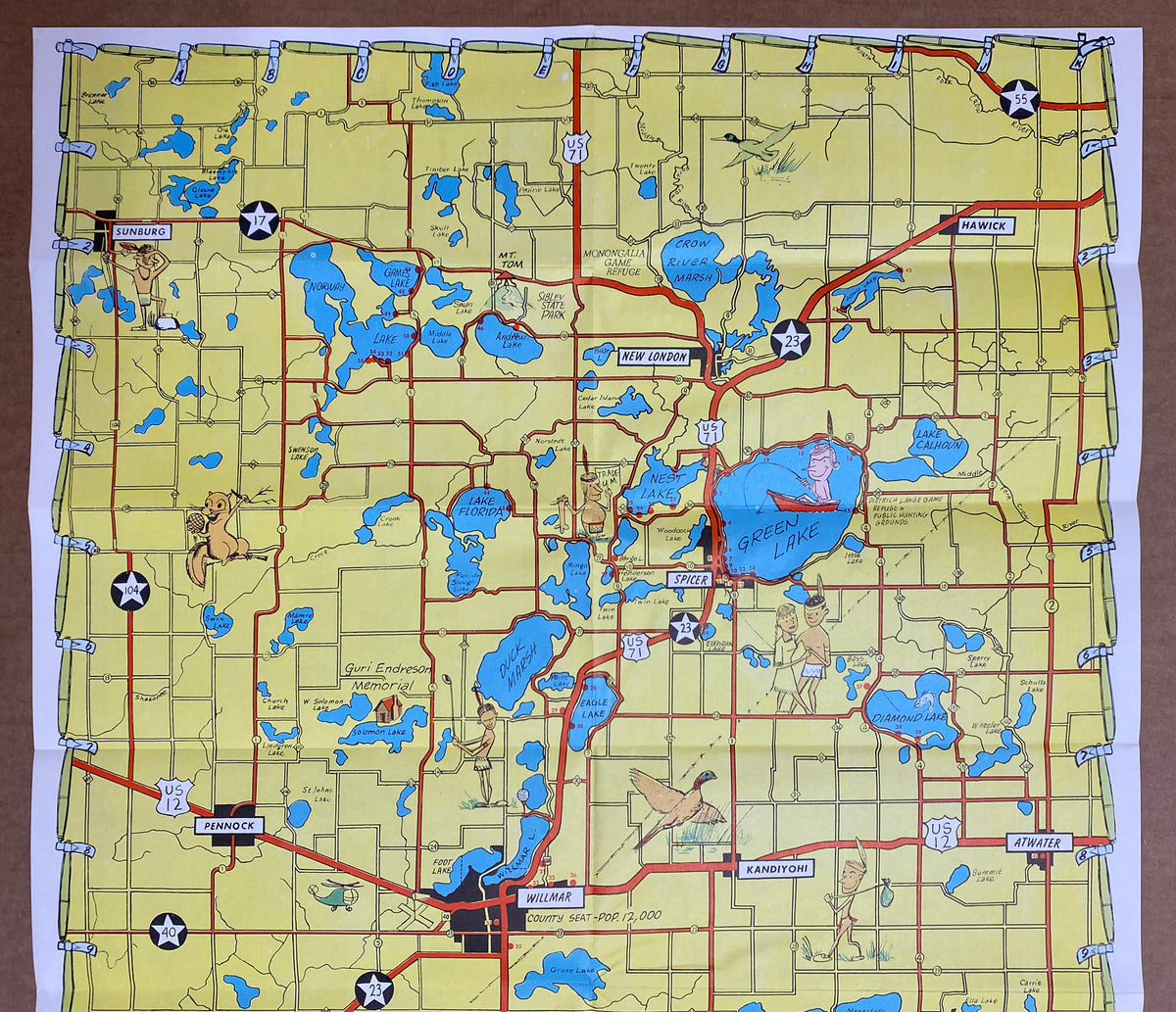 1959 Little Crow Lake Region of Minnesota Pictorial Cartoon Map ...