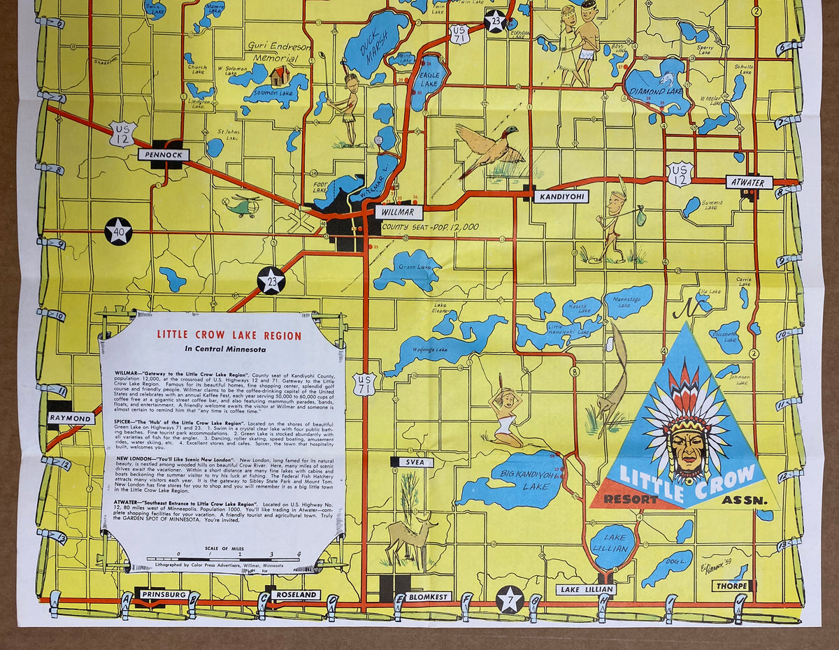 1959 Little Crow Lake Region of Minnesota Pictorial Cartoon Map ...
