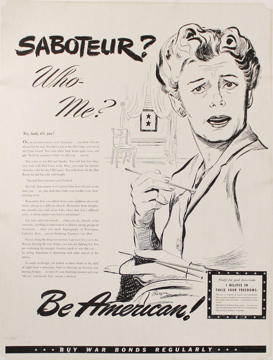 c. 1942 Saboteur? Who- Me? Be American! Buy War Bonds Regularly Poster ...