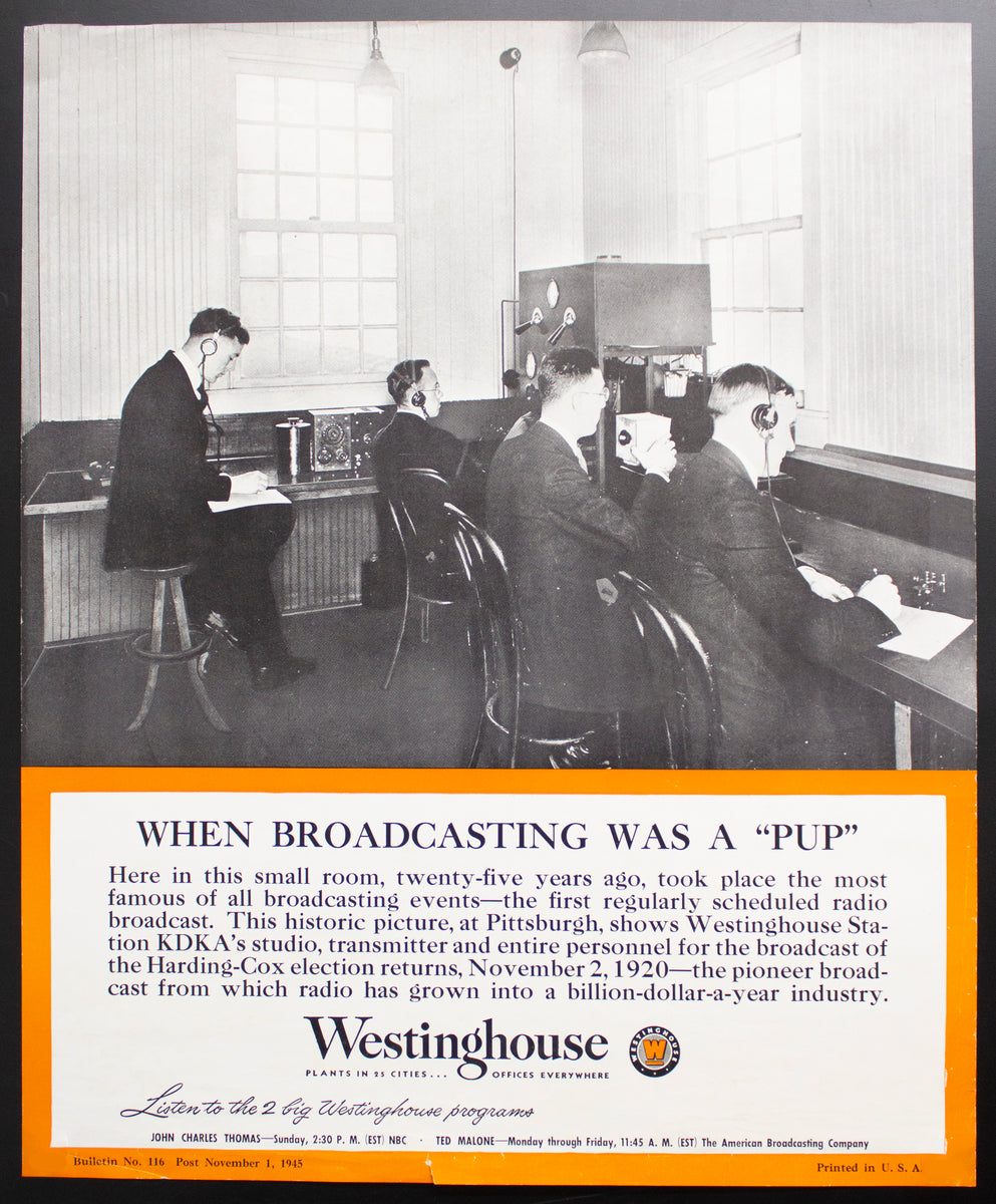 1945 Westinghouse Radio Station KDKA First Radio Broadcast Harding-Cox ...